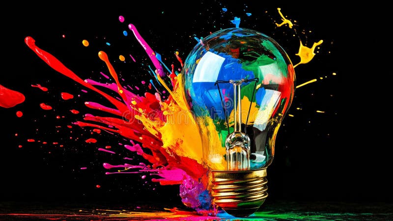 An Explosion of Color Surrounds a Light Bulb Against a Dark Background ...