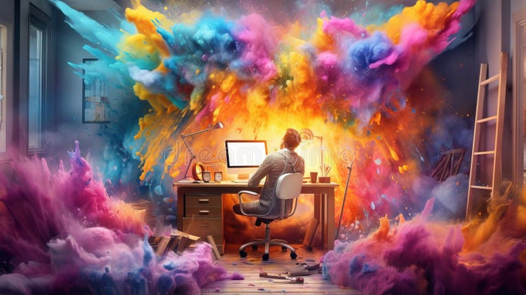 Explosion of Colors and Sad Artist Concept of Creative. Generative AI ...
