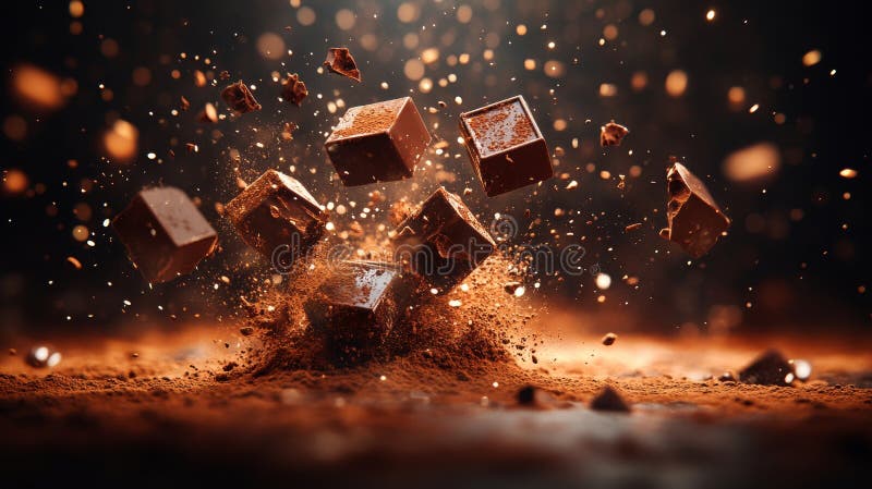Explosion of Dark Chocolate Bars with Cocoa Powder on a Dark Background ...