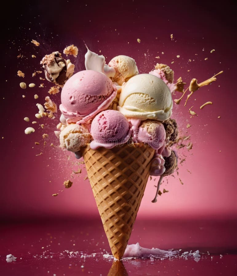 An Explosion of Delicious Ice Cream, Ice Cream Balls and Fruits, a ...
