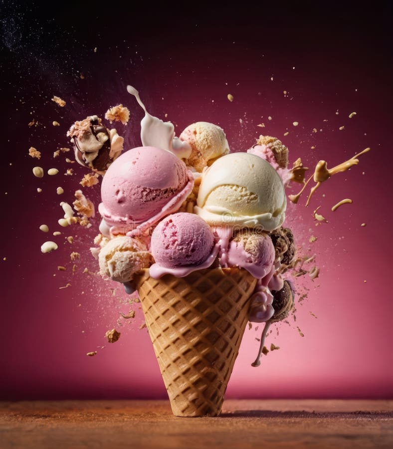 An Explosion of Delicious Ice Cream, Ice Cream Balls and Fruits, a ...