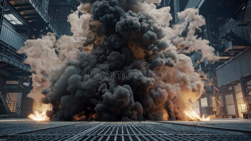 Explosion with Dense Smoke in Industrial Warehouse, Dramatic Impact ...