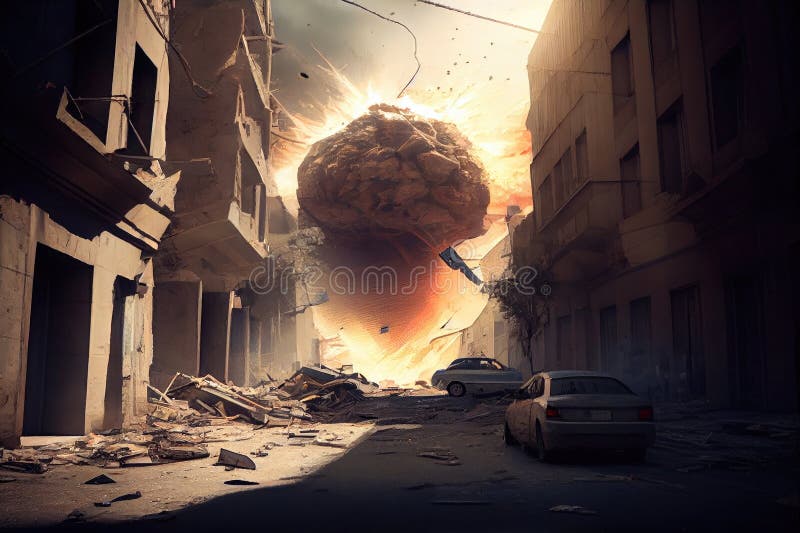 Explosion after Devastating Earthquake in Streets of Destroyed City ...