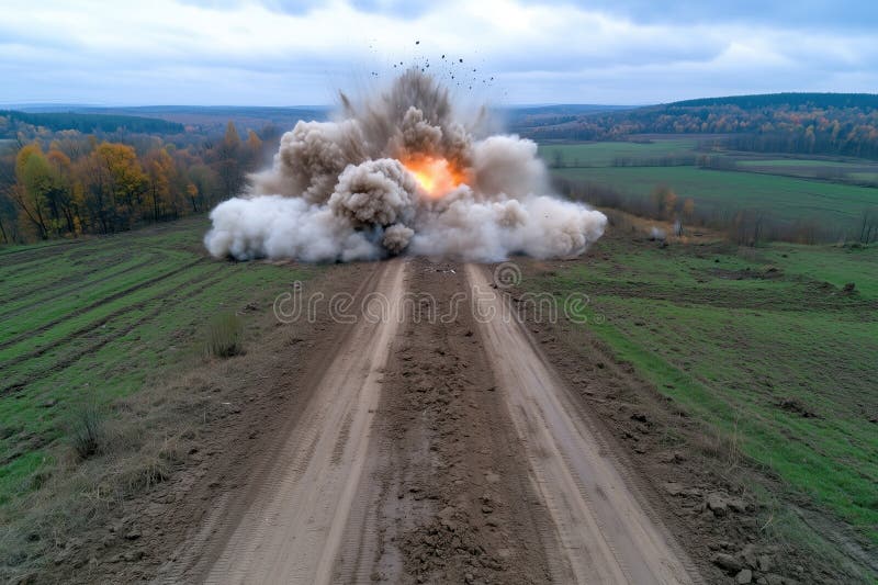 Explosion on a Dirt Road in the Middle of the Field Stock Illustration ...