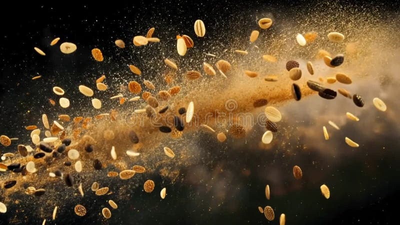 Explosion of Diverse Seeds and Particles Against a Dark Backdrop in a ...