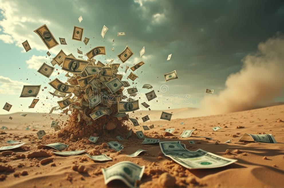 Explosion of Dollar Bills in Desert Under Dramatic Cloudy Sky Stock ...