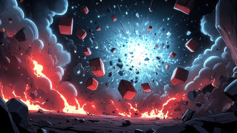 An Explosion of Energy with Floating Blocks Amidst a Fiery Landscape ...