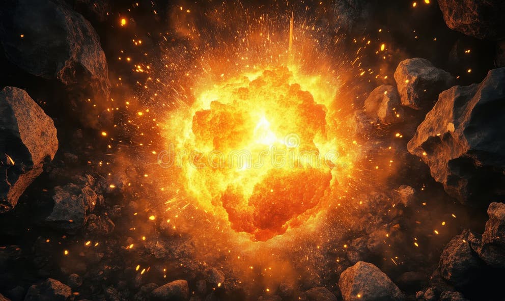 Explosion with Fiery Core and Debris Stock Photo - Image of volcanic ...