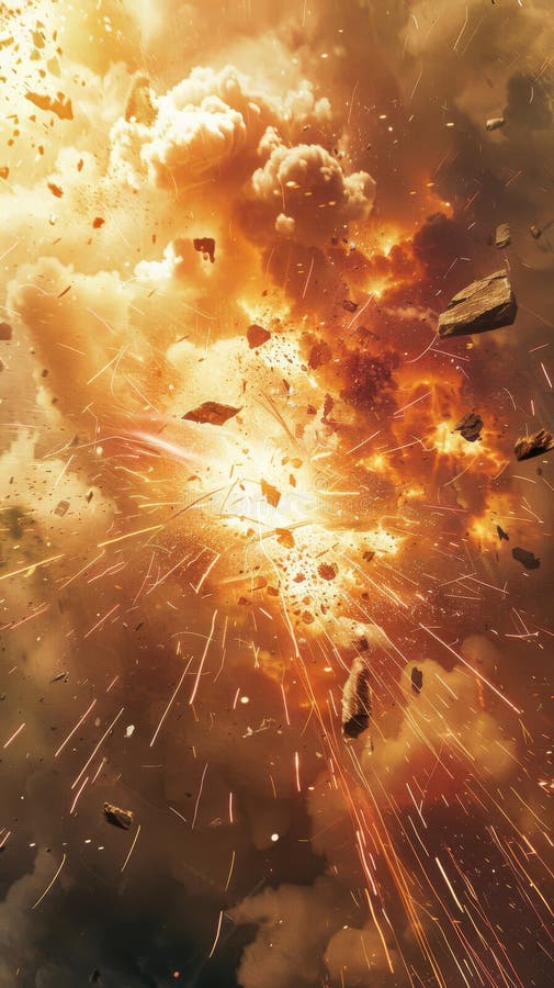 Explosion with Fiery Debris and Clouds, Dynamic Scene. Destruction ...