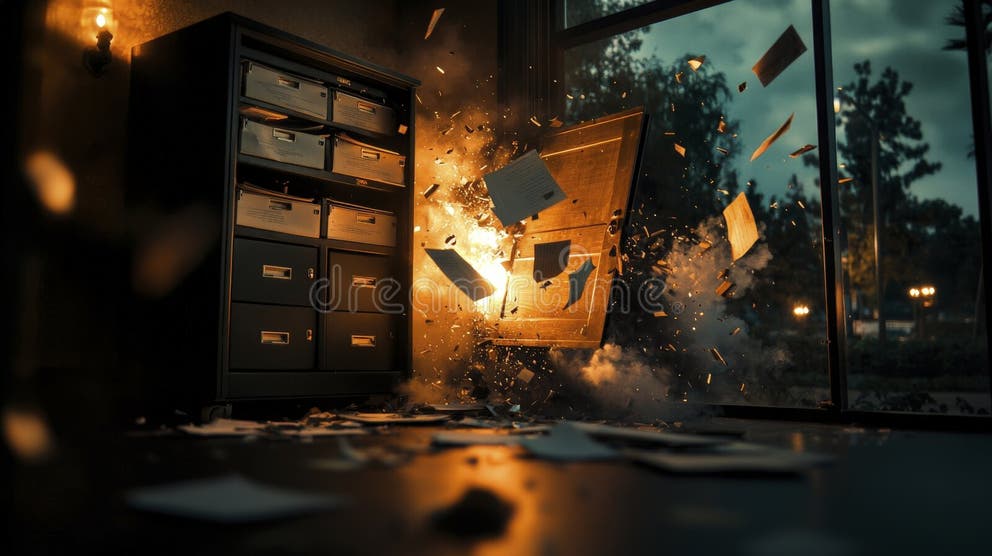Explosion of Files from Cabinet Office Space Dramatic Scene Indoor ...