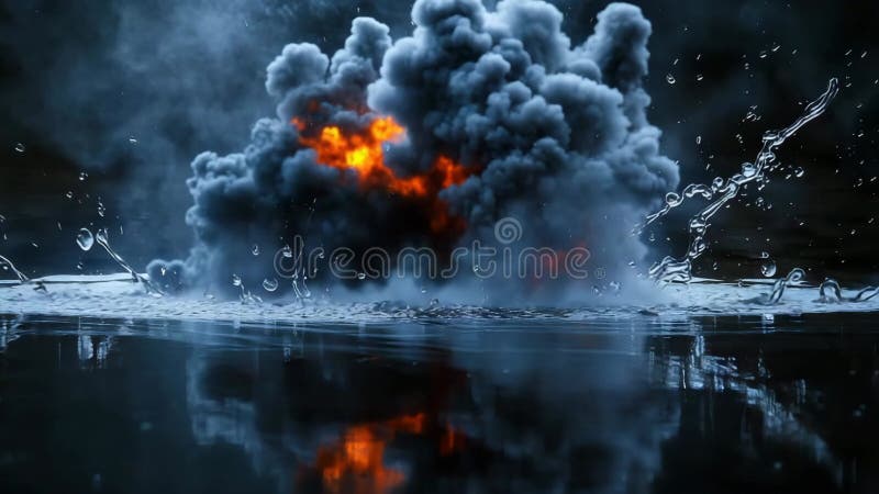 Explosion Fire Water Splash Smoke Reflection Dark Surface Creating ...
