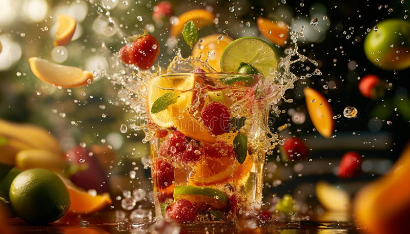 An Explosion of Fruits Around in the Air, Fruit Splash Onto a Glass ...