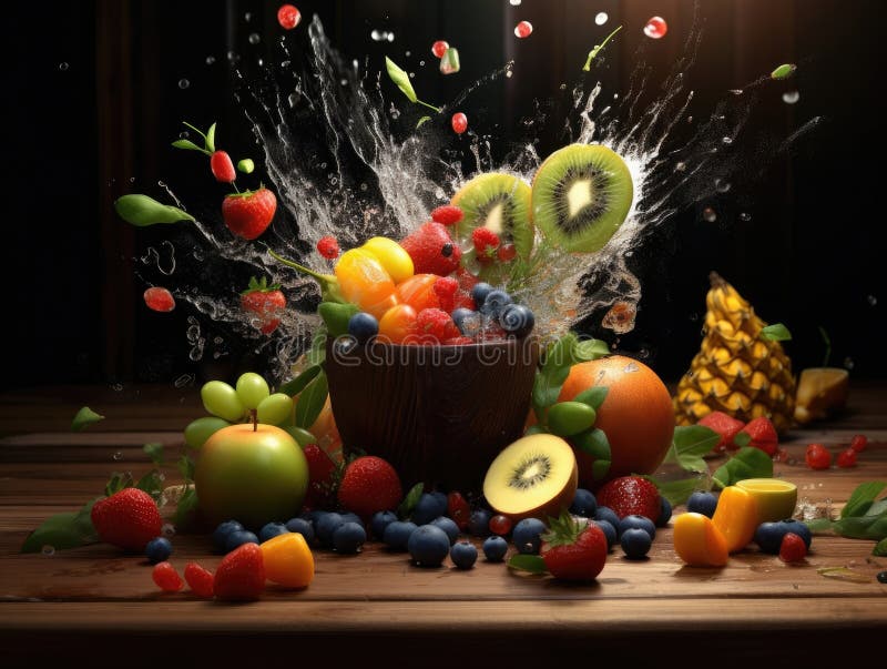 An Explosion of Fruits Around in the Air, Fruit Splash Onto a Glass ...