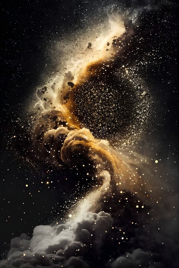 Explosion of Golden Particles and Smoke on Black Background. Space ...