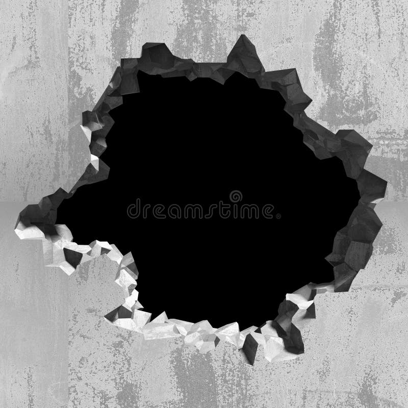 Explosion Hole in Concrete Cracked Wall. Industrial Background Stock ...