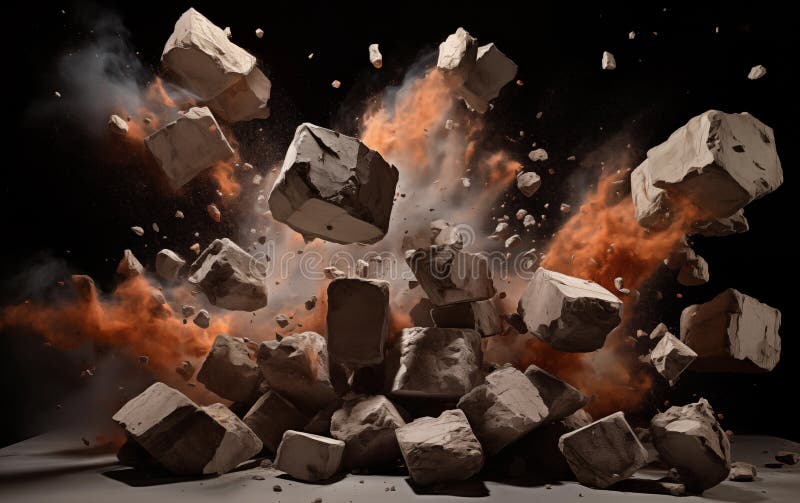 Explosion of Large Stone Blocks in Different Directions Stock ...