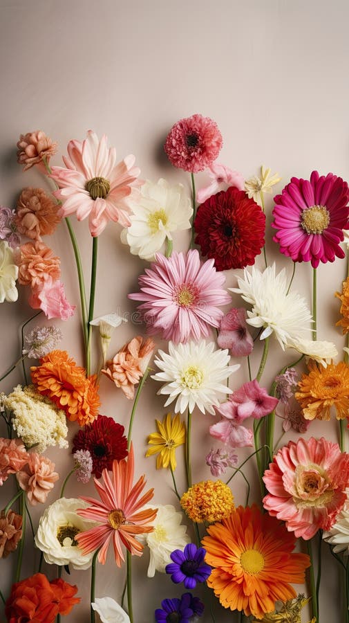 Explosion of Many Colors in Spring. Flowers on a Plain Colored ...