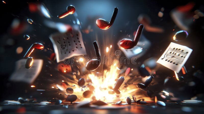 Explosive Burst of Musical Notes and Sheet Music Pages Stock ...