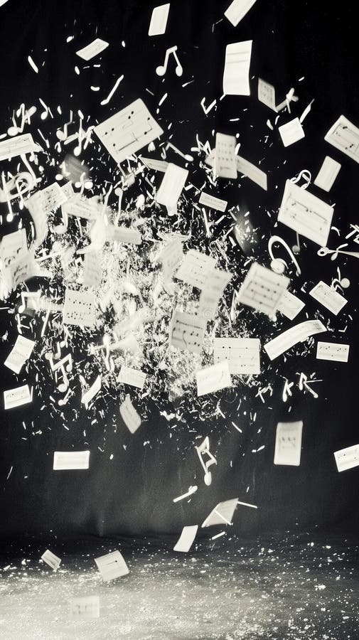 Explosion of Musical Sheets and Notes in Mid-air Scene Stock ...