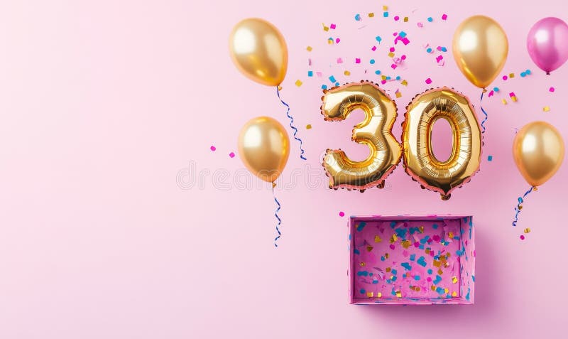 An Explosion of Number 30 Birthday Balloons in a Gift Box Stock Image ...
