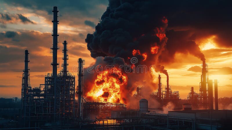 Explosion at the Oil Refinery, Oil Refinery Burning, Factory Explosion ...