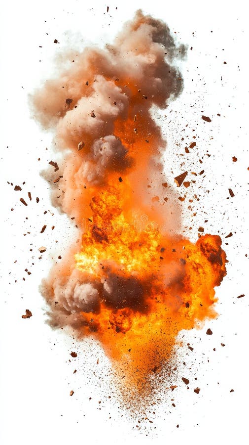 Explosion with Orange Flames and Smoke on White Background, Dynamic ...