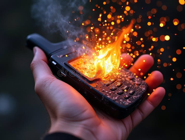 Explosion of Pager Filled with Explosives in Hand. Danger. Fire and ...