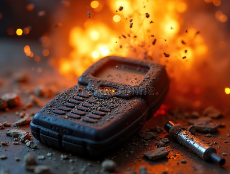 Explosion of Pager Filled. Fire and Ignition of Plastic. Danger. Stock ...