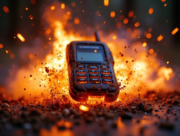 Explosion of Pager. Fire and Ignition of Plastic. Danger. Stock ...