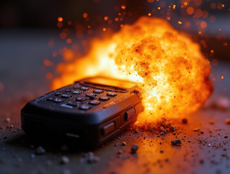 Explosion of Pager. Fire and Ignition of Plastic. Danger. Stock ...