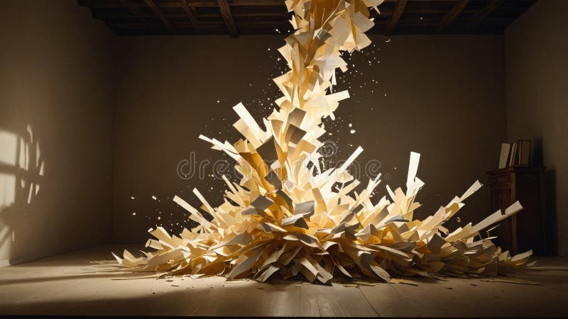 Explosion of Pages in a Room, Creating a Dynamic and Chaotic Artistic ...