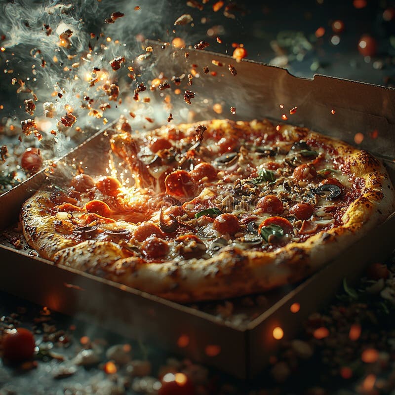 Explosion of Pizza Toppings in a Dynamic Scene Stock Image - Image of ...