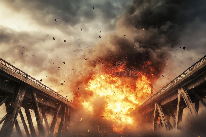 Explosion on a Railway Bridge with Dramatic Fiery Impact and Debris ...