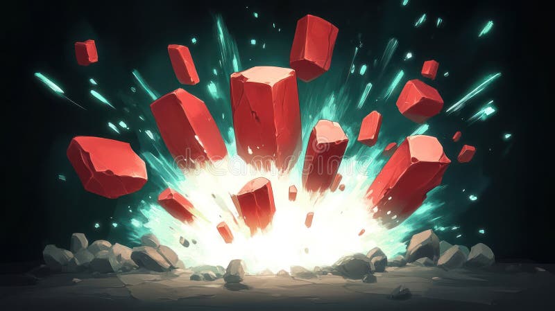 An Explosion of Red Blocks with a Burst of Light and Debris in a ...