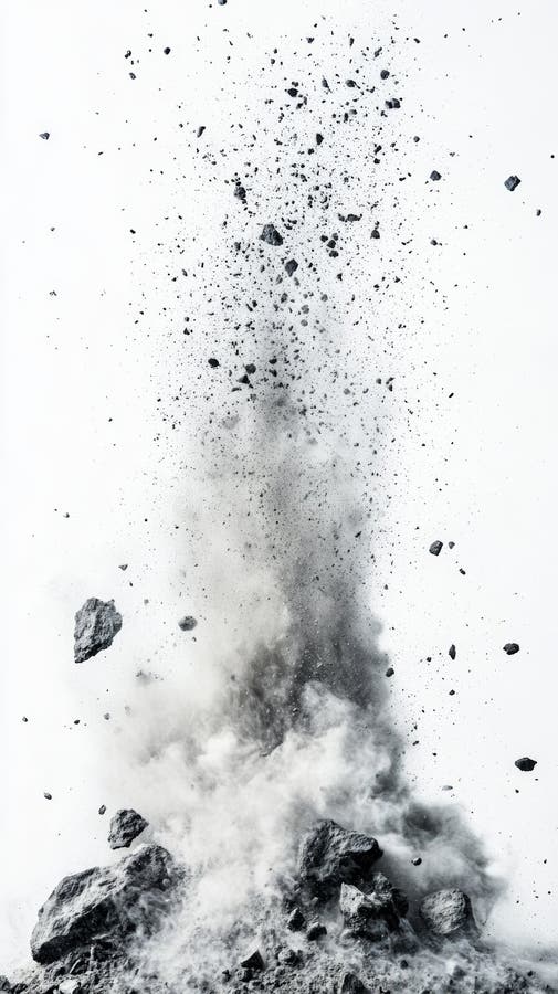 Explosion of Rocks and Debris Creating a Dynamic Cloud Against a White ...