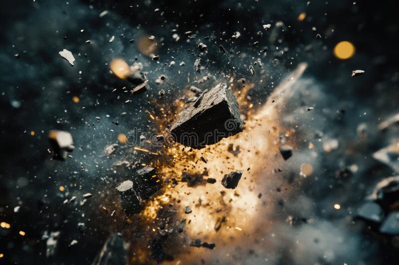 Explosion of Rocks and Debris in a Dimly Lit Space, with Sparks Flying ...