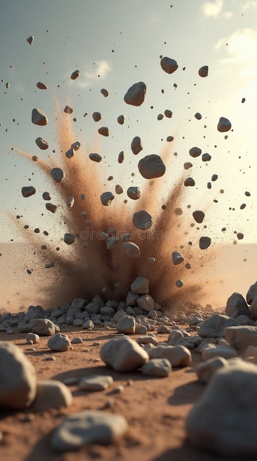 Explosion of Rocks and Soil Particles in Desert Environment at Sunset ...