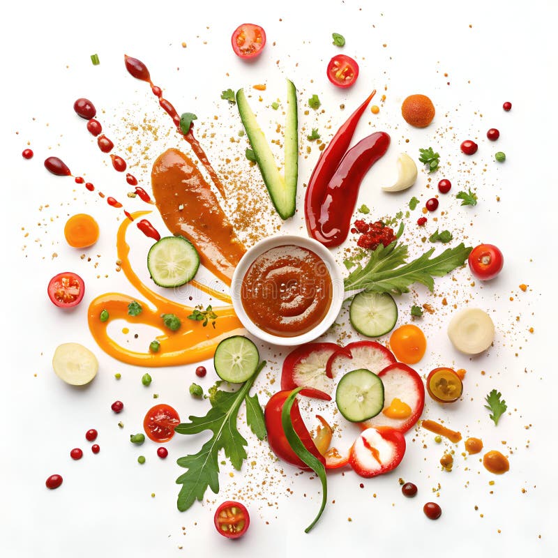Explosion of Sauces and Sliced Vegetables Isolated on White Background ...