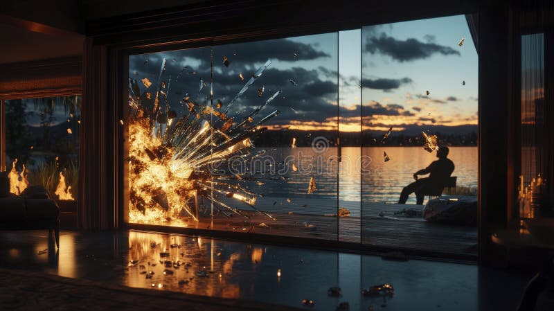 Explosion Scene at Lakeside Cabin Dramatic Event Evening Atmosphere ...