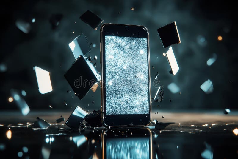 Explosion of Shattered Pieces Around a Smartphone Glowing in Dark ...