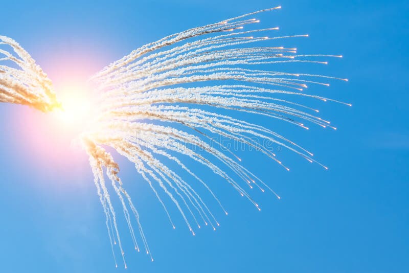 Explosion of a Shell in the Sky and Burning Debris Flying with Smoke ...