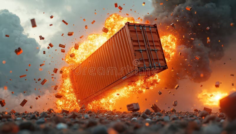 Explosion of Shipping Container with Cargo. Orange Container with Black ...