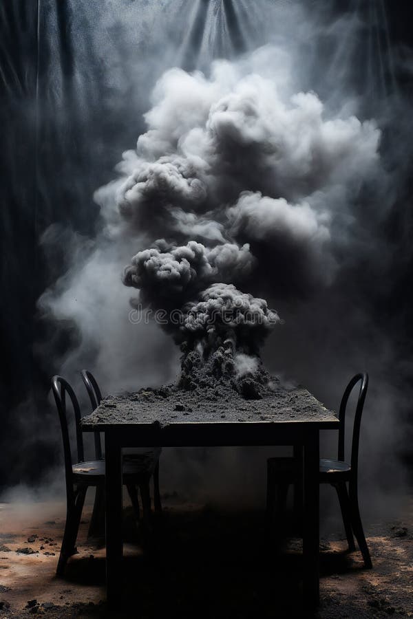 Explosion of Smoke from a Black Table and Chairs in the Dark Stock ...
