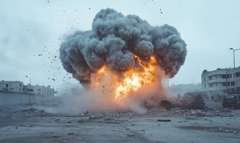 Explosion with Smoke and Fire, Debris Scattered, Urban Environment ...
