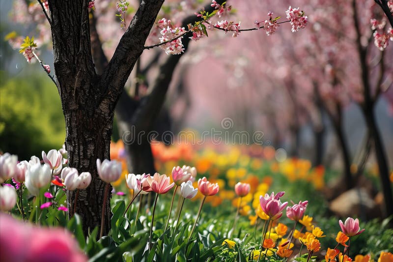 An Explosion of Springtime Colors As Various Flowers Bloom in a Lush ...