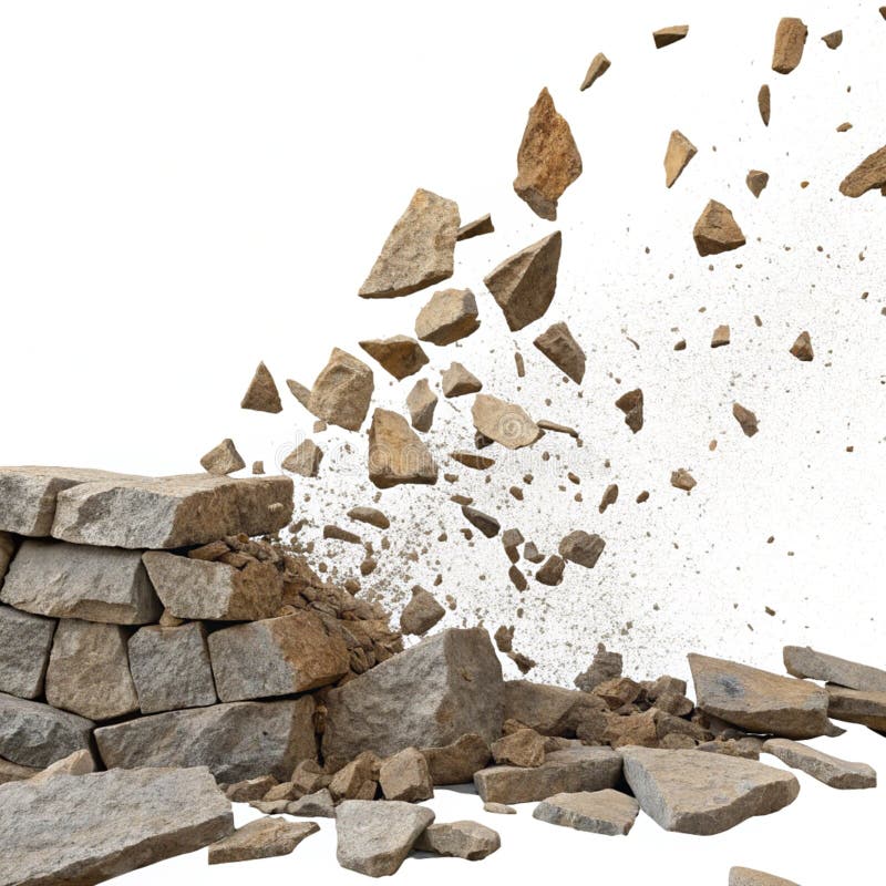 Explosion of Stone Wall Fragments Isolated on White Background Stock ...