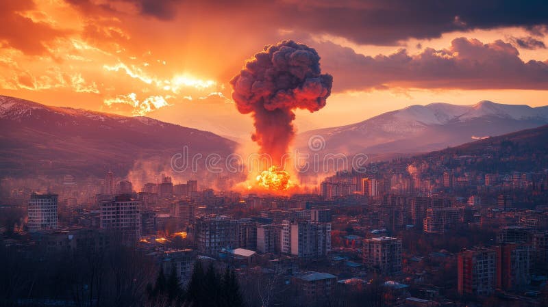 Explosion in Sunset Cityscape, Scene of Intense Destruction Stock Photo ...