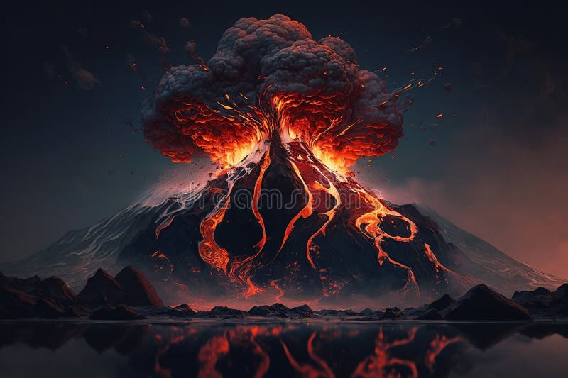 Explosion Vulkanischer Eruption Lava Bei Bergkatastrophe. Generative ...