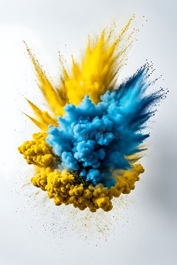 Explosion of Yellow and Blue Powder Creating Vibrant Clouds on White ...