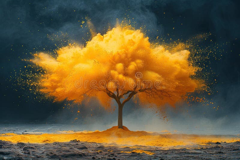 Explosion of Yellow Dust on a Tree on a Dark Desert Background. Stock ...